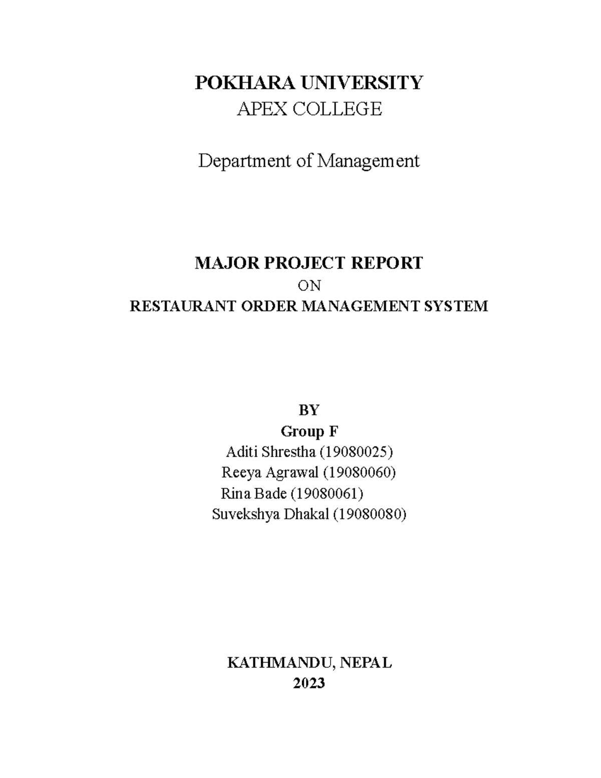 Major Project Group F - Ewed - POKHARA UNIVERSITY APEX COLLEGE Department of Management MAJOR ...
