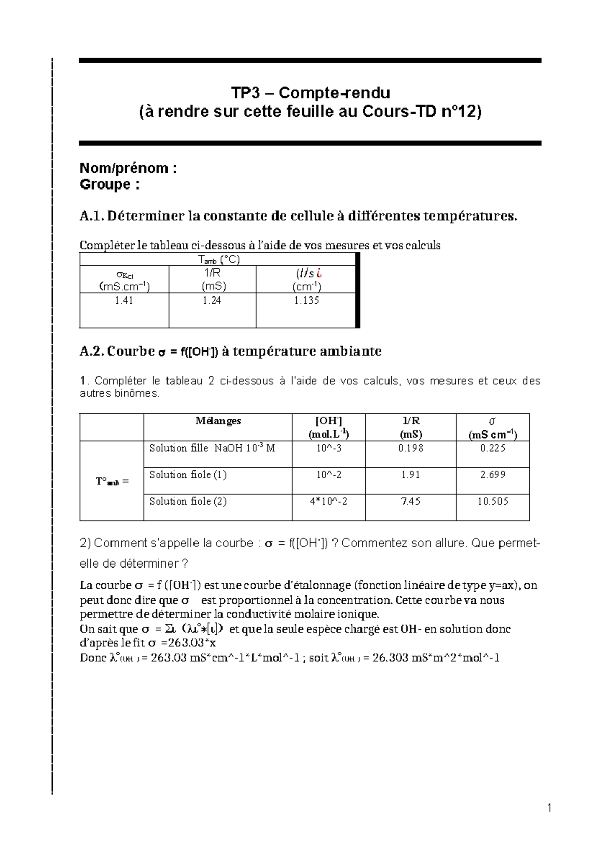 Compte rendu du TP3 - physico chimie experimentale - TP3 – Compte-rendu ...