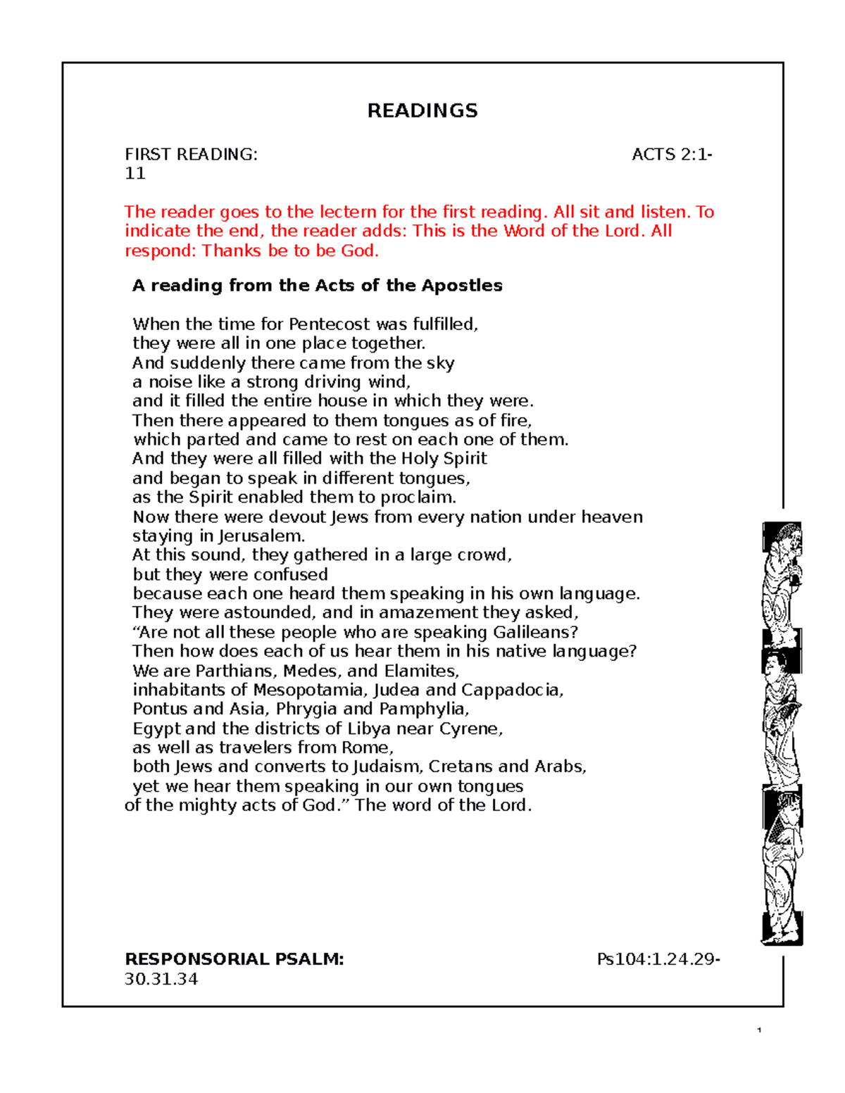 Usc blessing of new school - READINGS FIRST READING: ACTS 2:1- 11 The ...