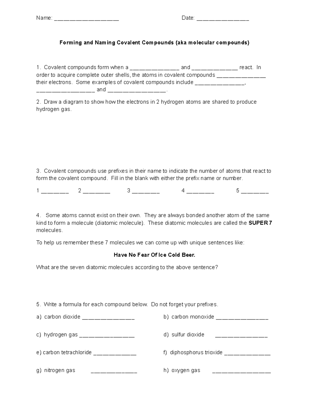 Covalent compounds worksheet - Name: _____________________ Date ...