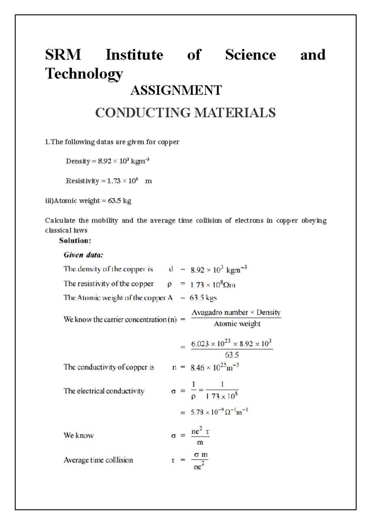 Conducting Materials Assignment - SRM Institute of Science and ...