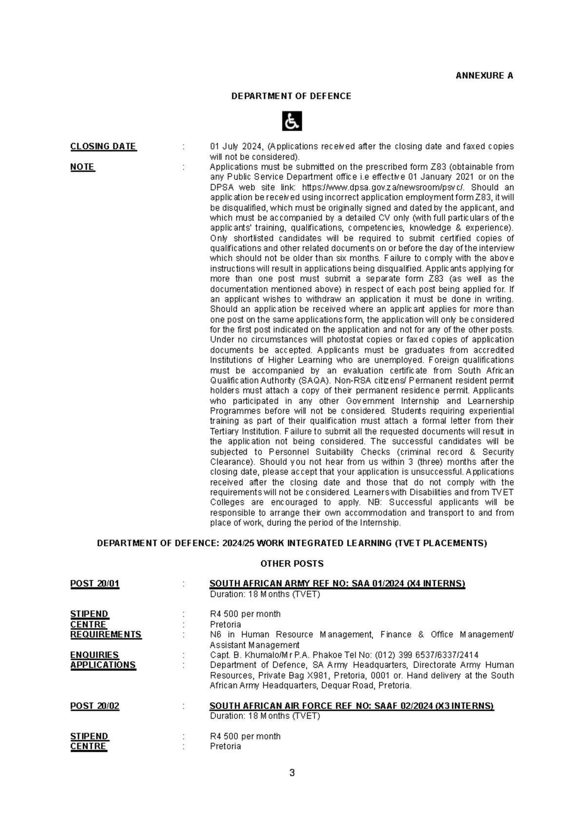 A - notes for school - 3 ANNEXURE A DEPARTMENT OF DEFENCE CLOSING DATE ...