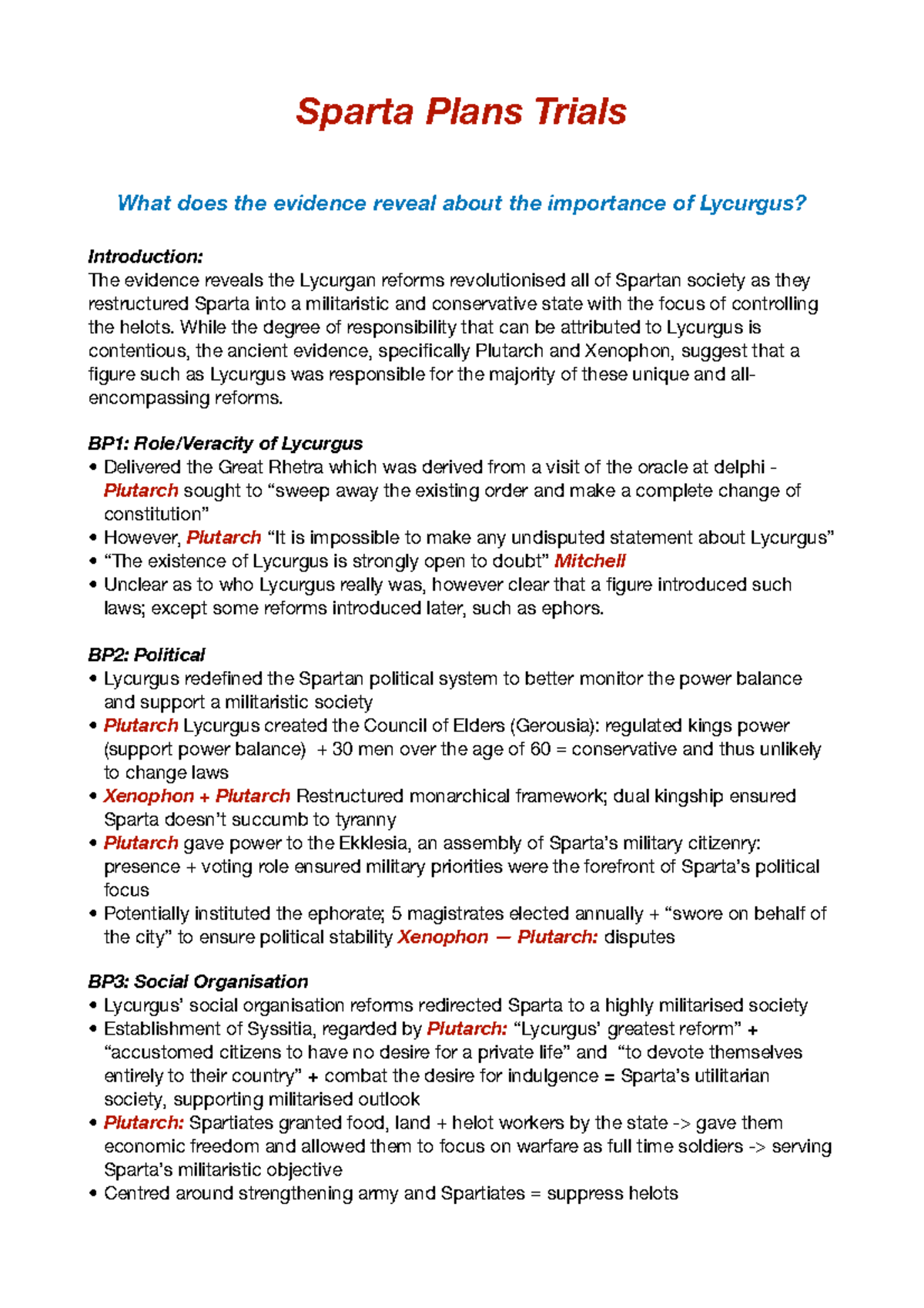 Sparta Essay Plans 2 - Ancient History - Sparta Plans Trials What does ...