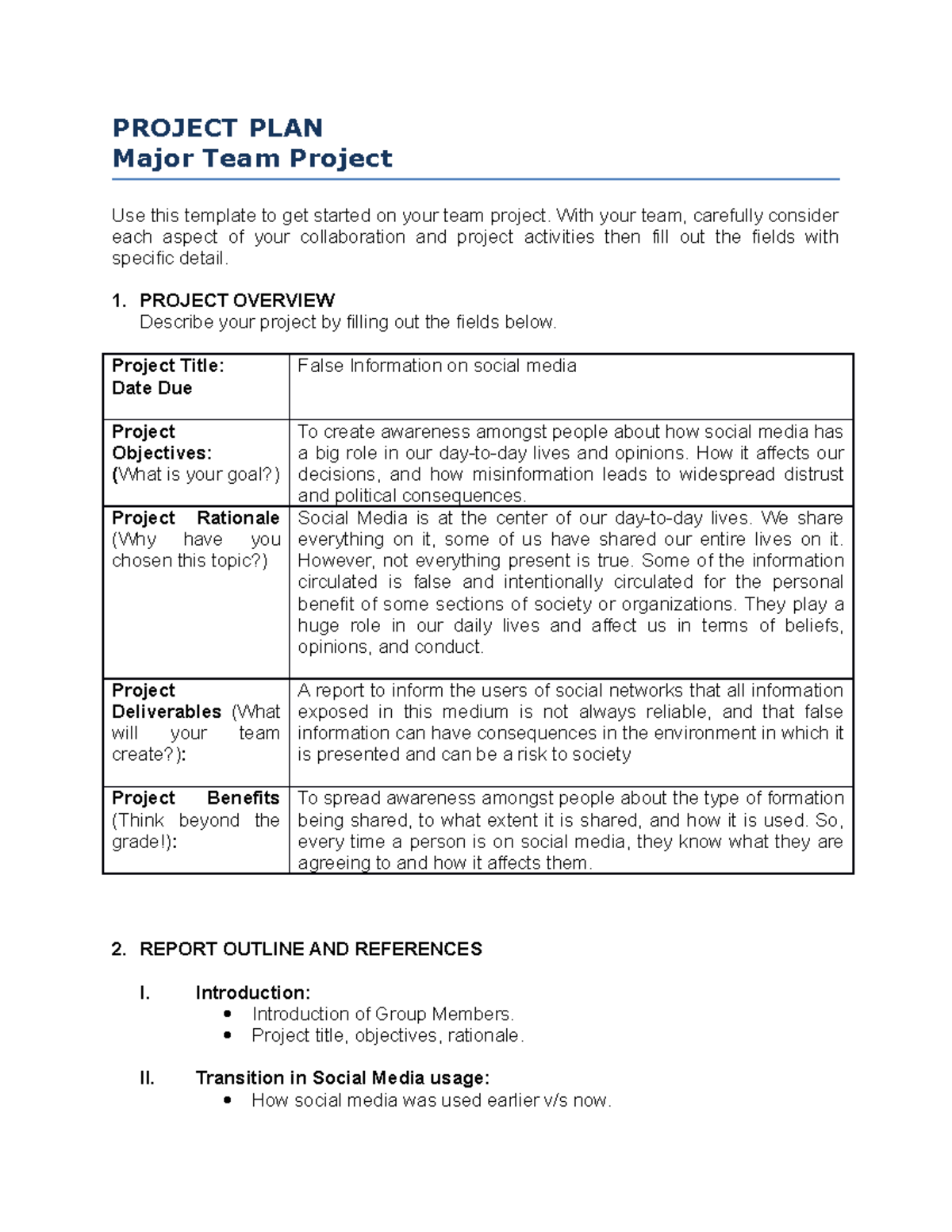Project plan template draft - PROJECT PLAN Major Team Project Use this ...