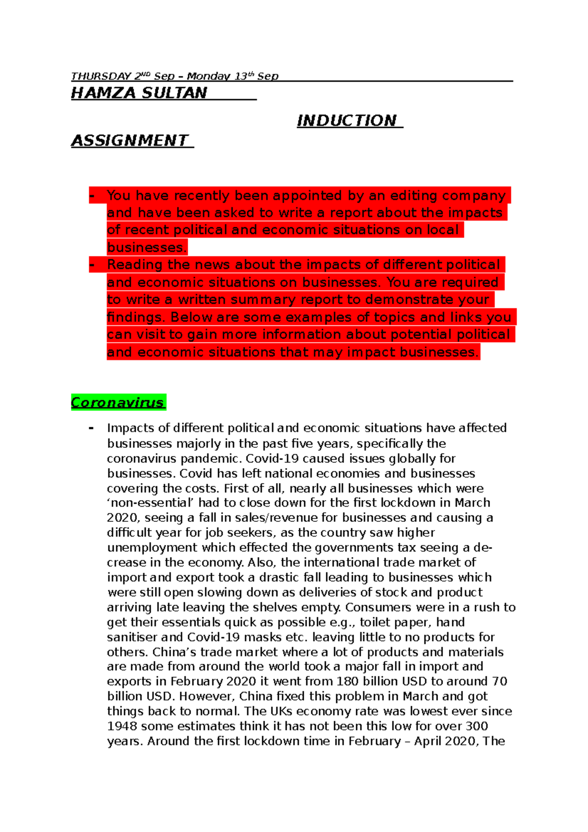 Induction Assignment Business - THURSDAY 2 ND Sep – Monday 13 th Sep ...