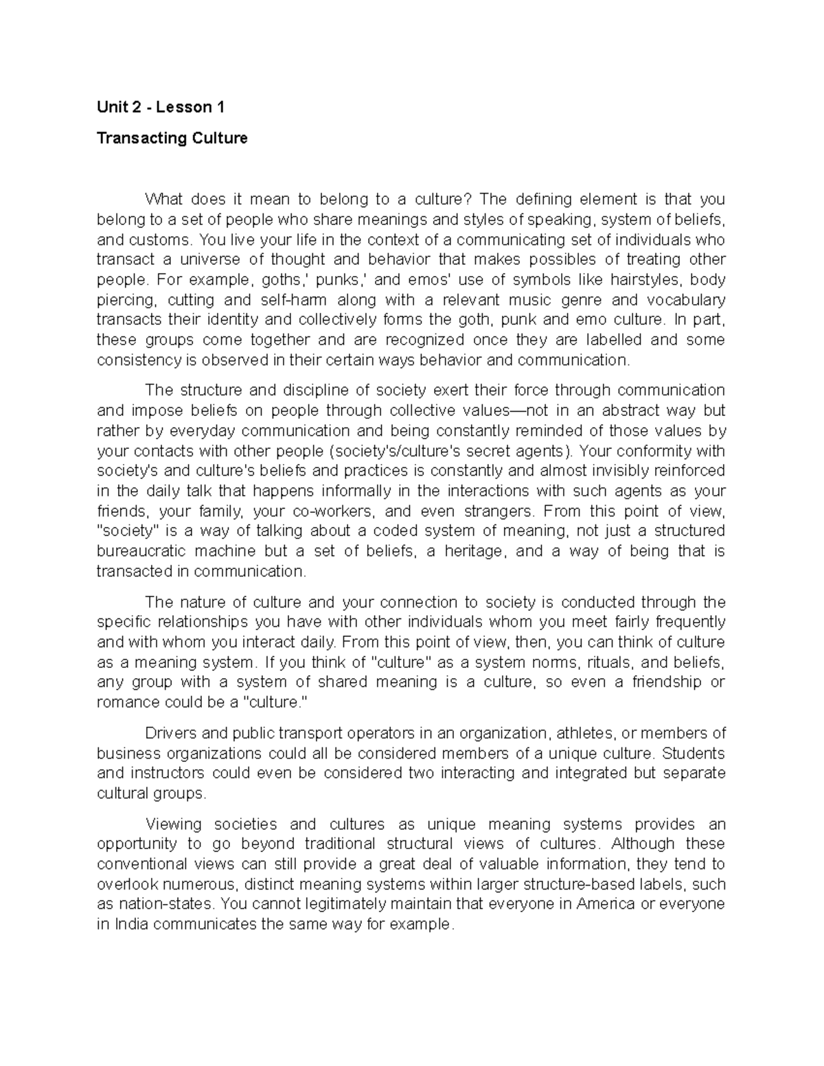 Transacting Culture - Unit 2 - Lesson 1 Transacting Culture What does ...