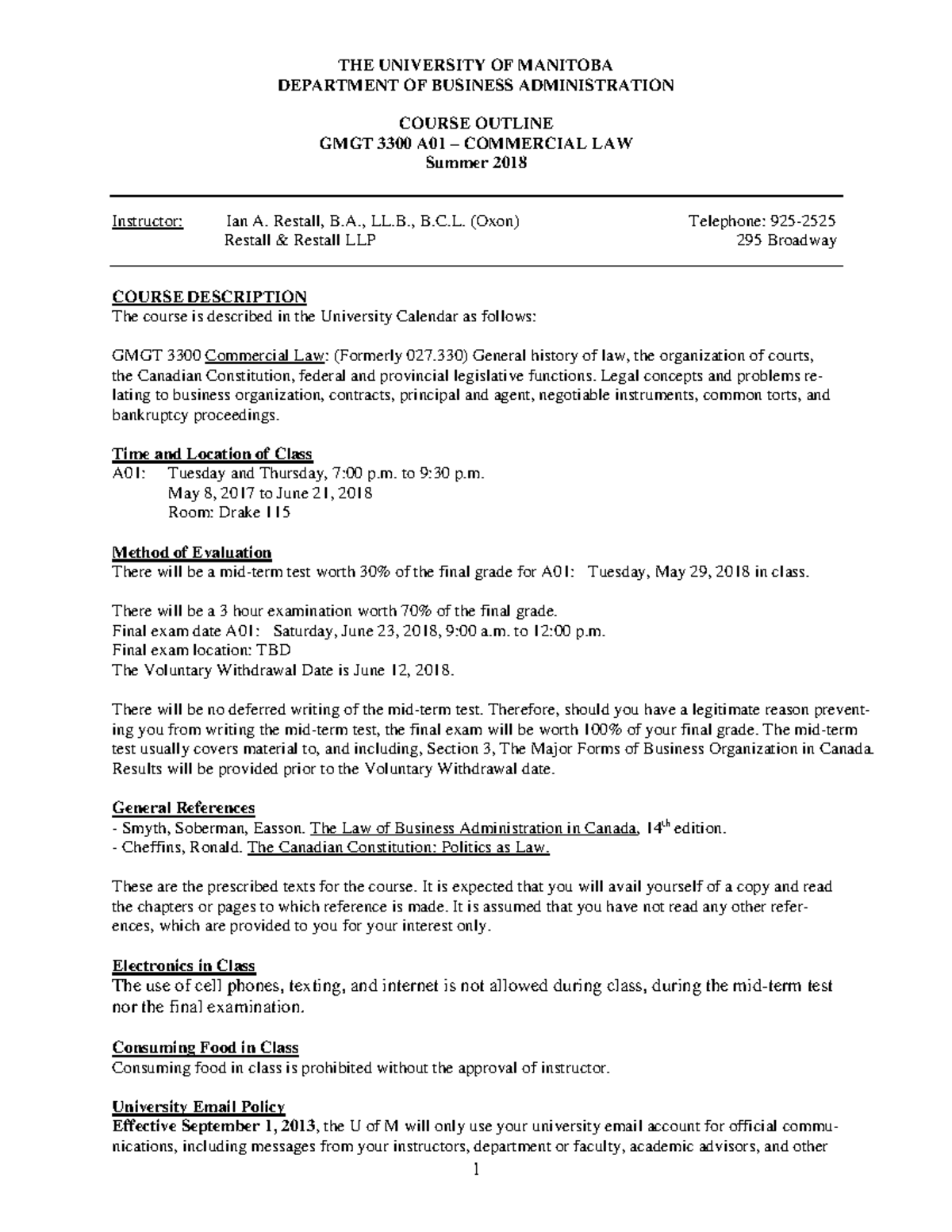 GMGT3300A01S18 - THE UNIVERSITY OF MANITOBA DEPARTMENT OF BUSINESS ...