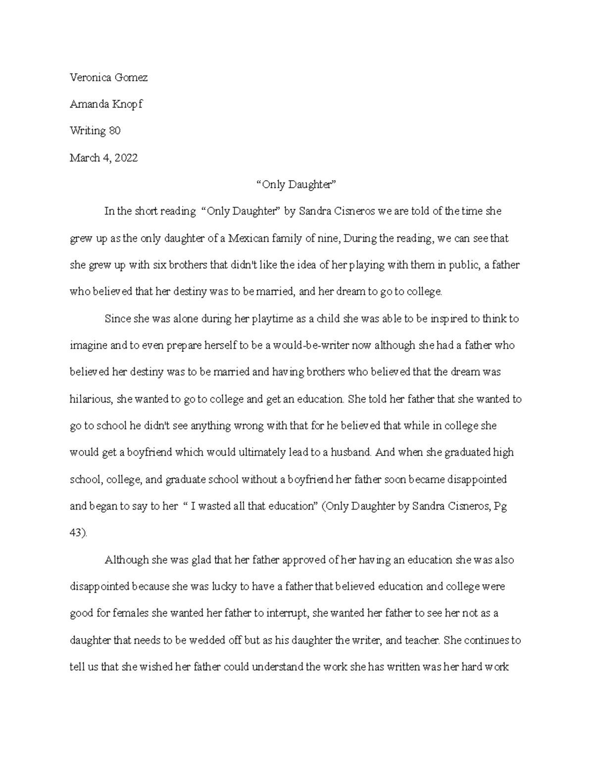 Only Daughter - ESSAY - Veronica Gomez Amanda Knopf Writing 80 March 4 ...