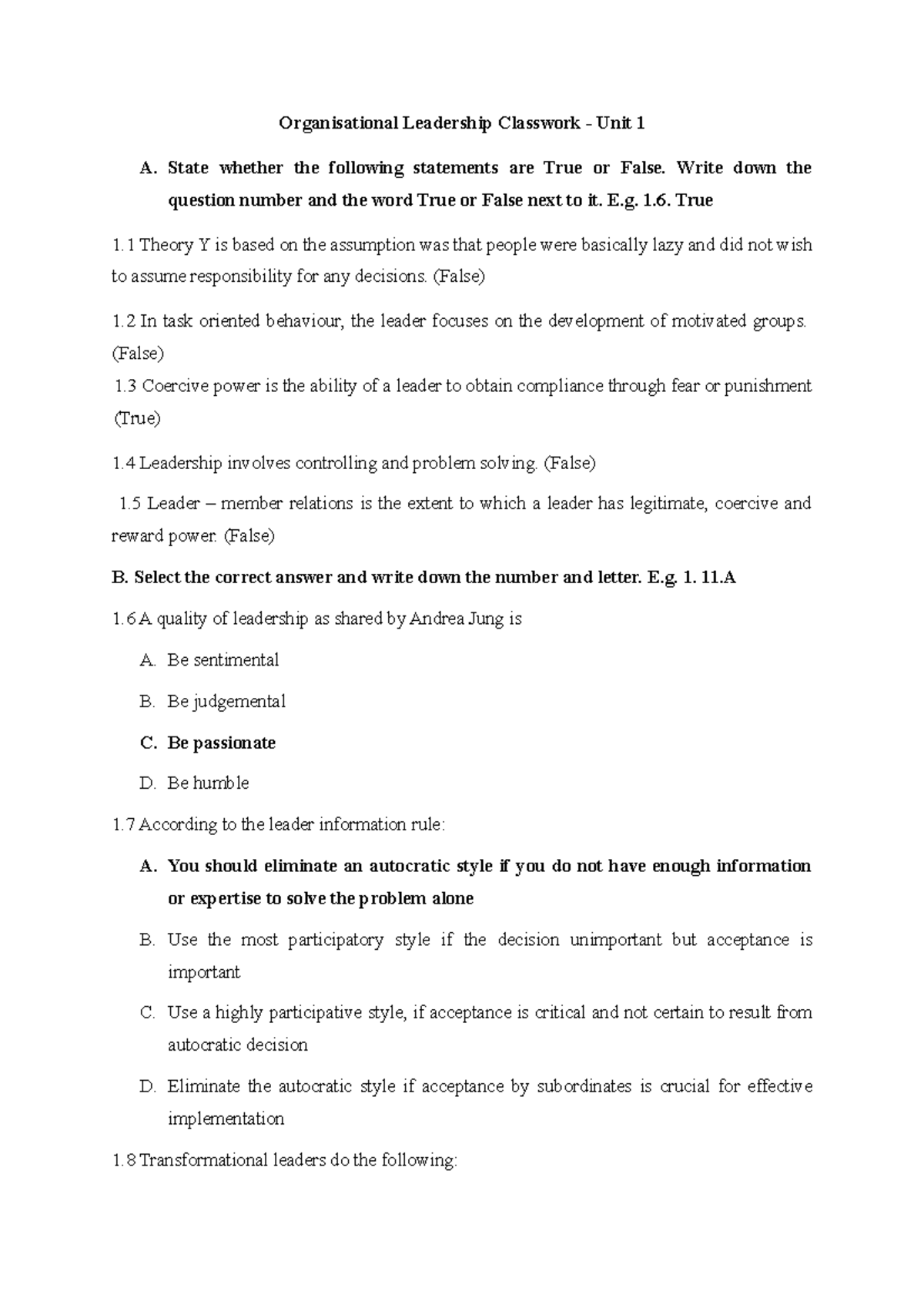 Organisational Leadership Classwork 1 March 2021 Answers ...