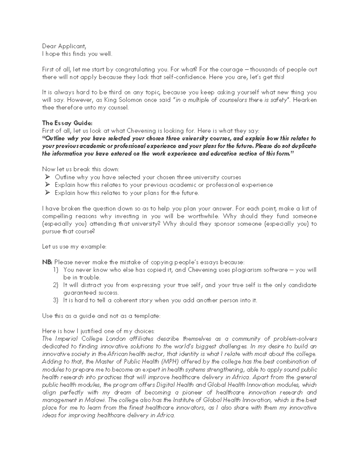 Chevening Essay - Study in UK - Dear Applicant, I hope this finds you ...