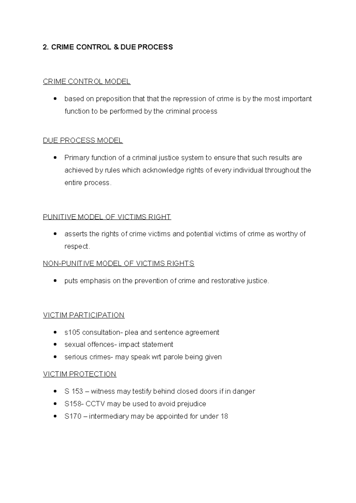 SPR 412 Opsom EXAM - Summary Criminal Procedure - 2. CRIME CONTROL & DUE PROCESS CRIME CONTROL ...