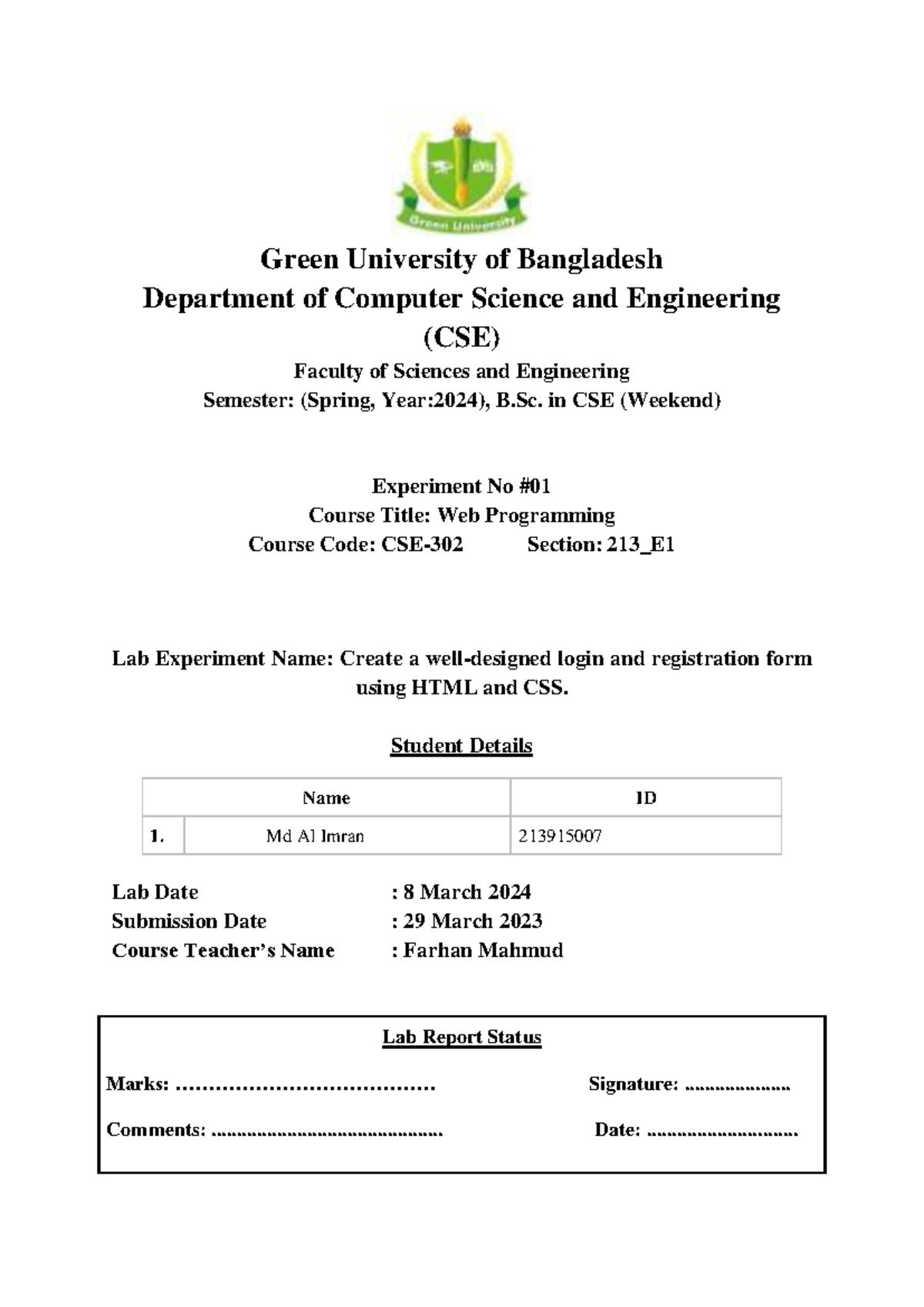 Lab 1 - Web Programming Lab (CSE 302) lab-1 - Green University of ... Lab 1 - Web Programming Lab (CSE 302) lab-1 - Green University of ...