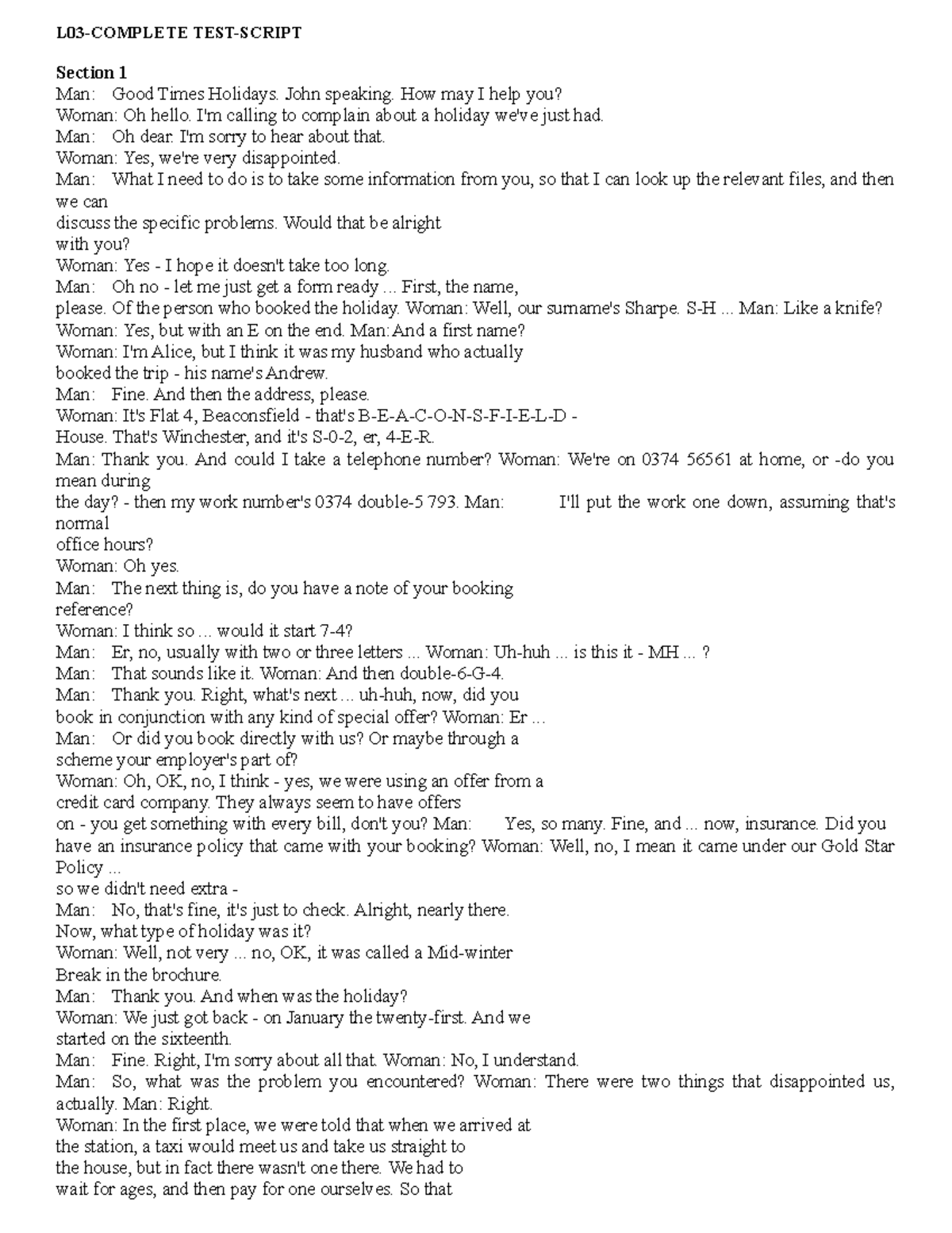 L03- Complete TEST- Script - L03-COMPLETE TEST-SCRIPT Section 1 Man ...