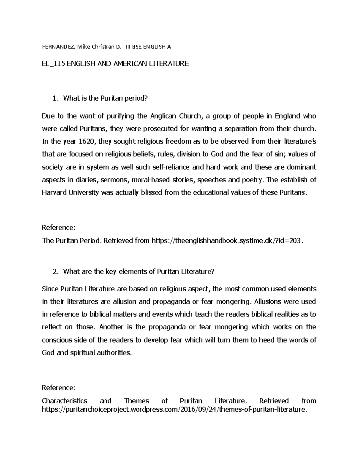 Thoughts in Puritan age - BSED English - PangSU - Studocu