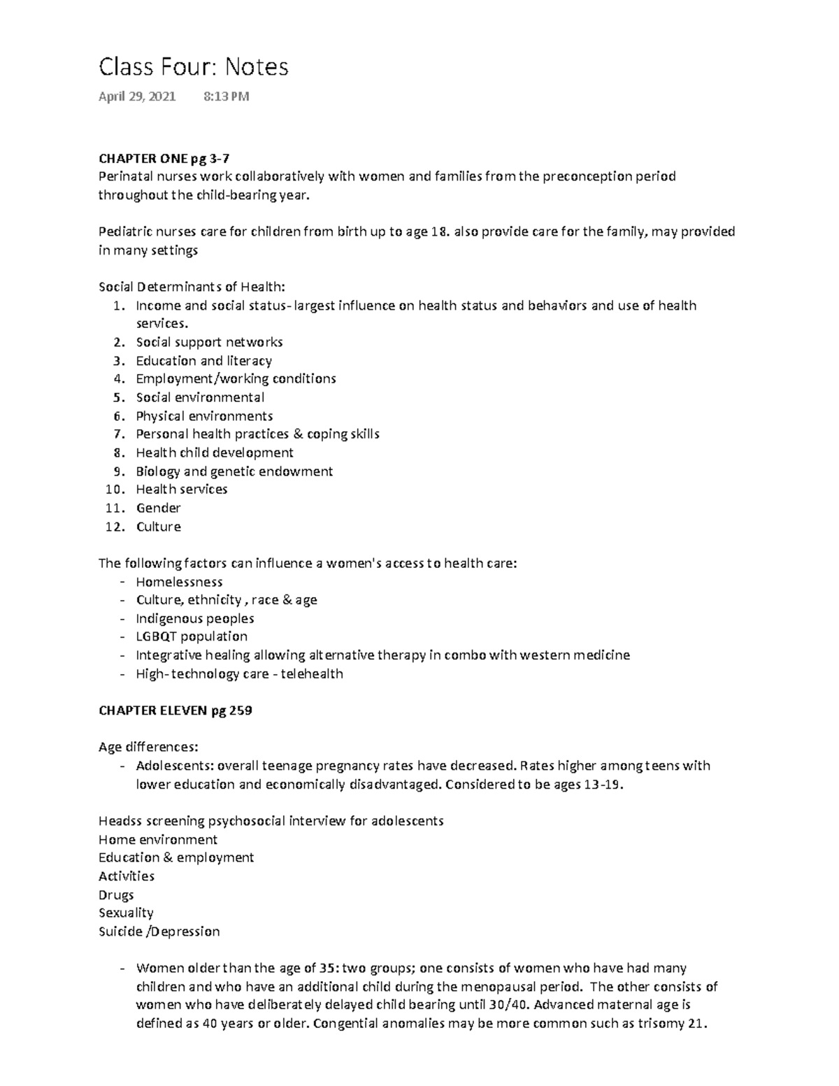 Class four notes - CHAPTER ONE pg 3- Perinatal nurses work ...