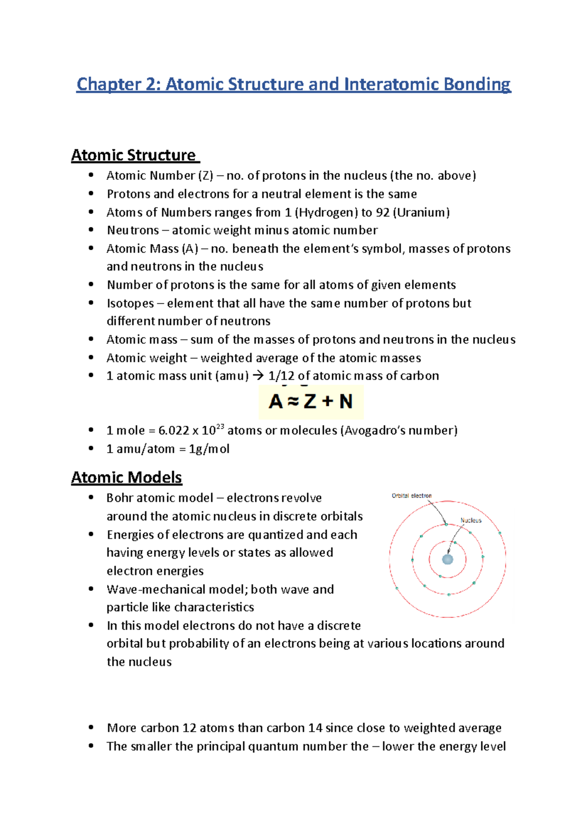 Chapter 2 – Atomic Structure and Interatomic Bonding - Chapter 2: Atomic Structure and ...