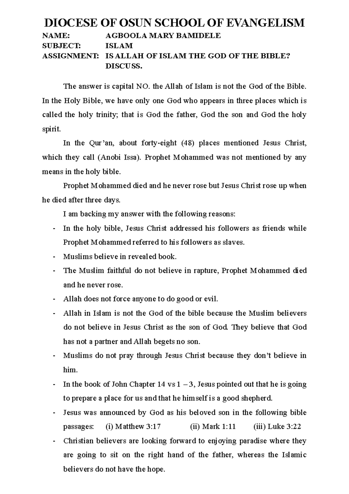 1 Diocese OF OSUN School OF Evangelism - DIOCESE OF OSUN SCHOOL OF ...