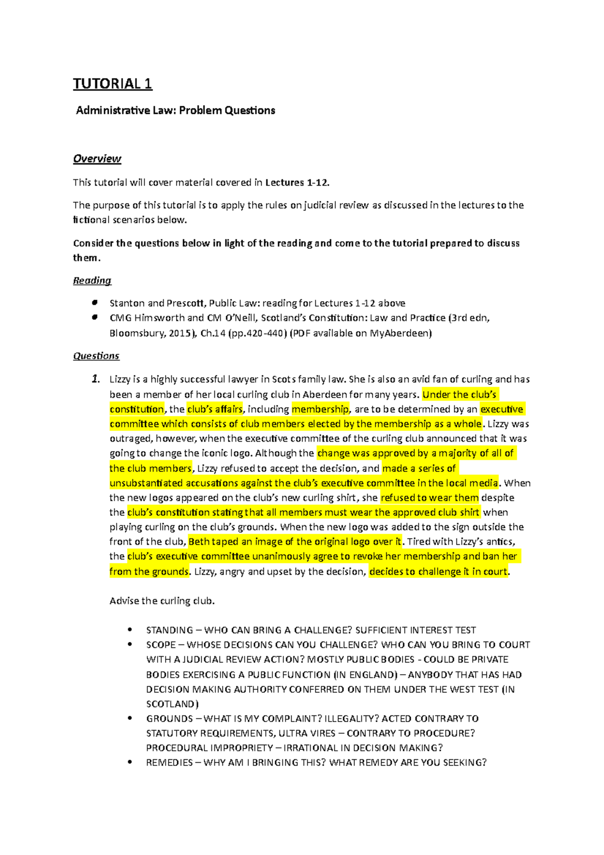 Tutorial 1 - TUTORIAL 1 Administrative Law: Problem Questions Overview This tutorial will cover ...