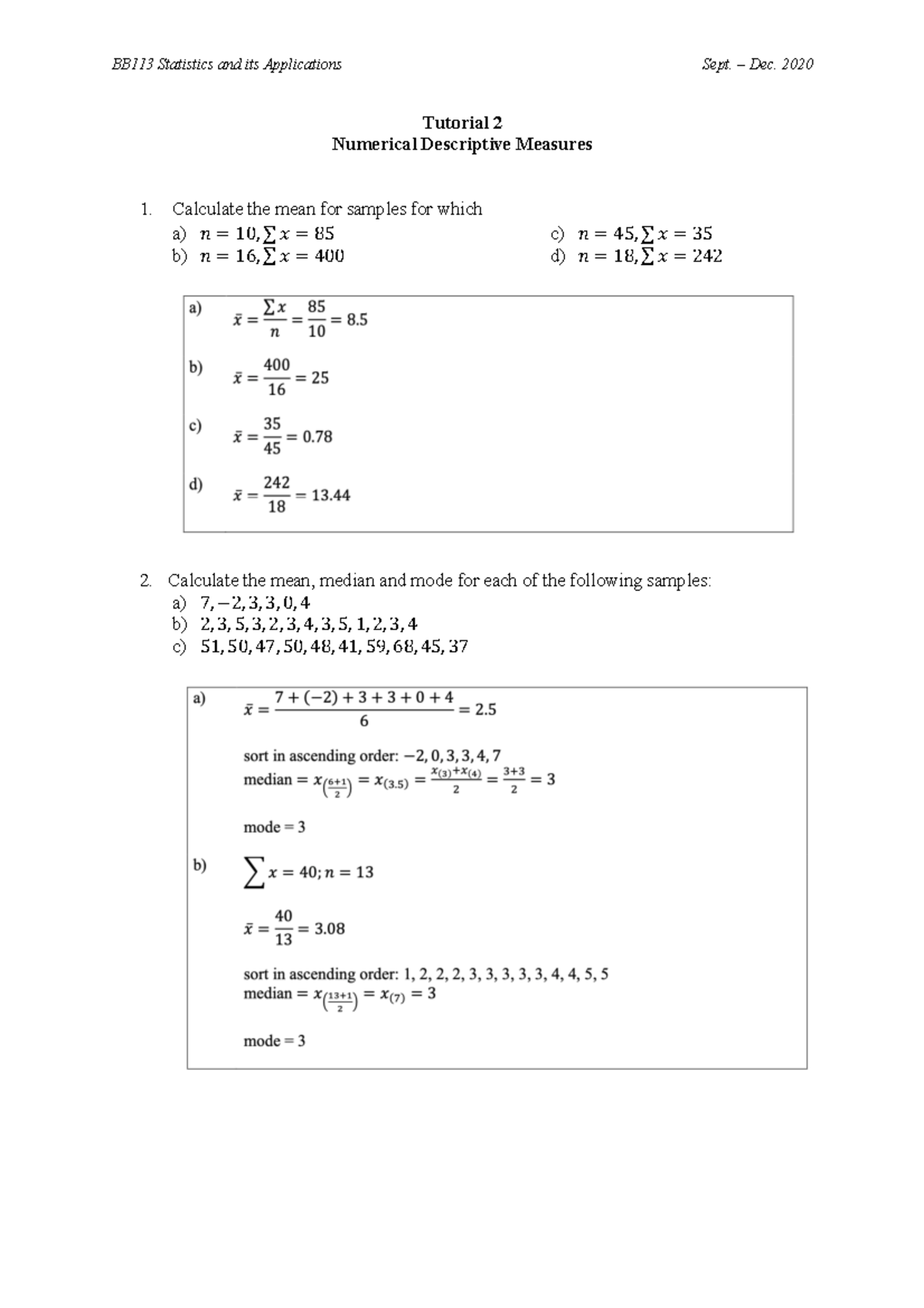 Tutorial 2 Topic 2 Solution - Tutorial 2 Numerical Descriptive Measures Calculate the mean for ...
