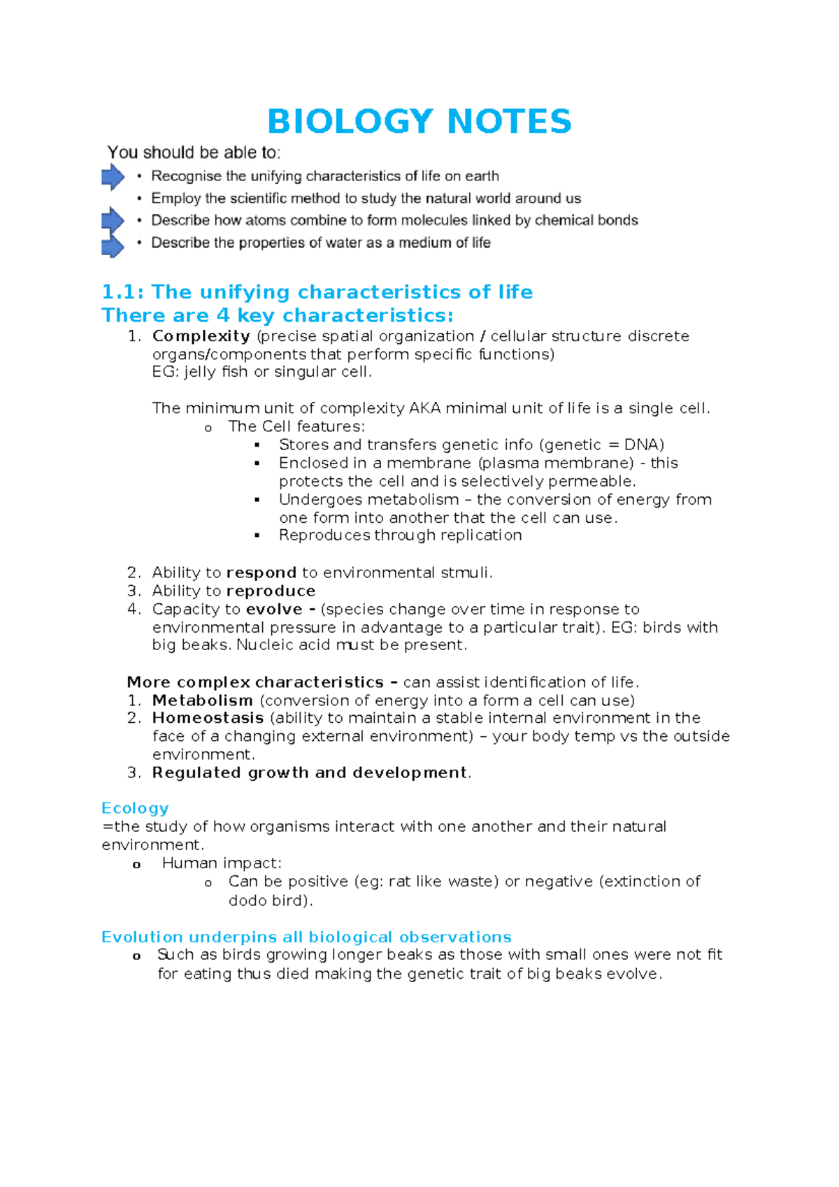 BIO 1-3 lecture - Molecules ect - BIOLOGY NOTES 1: The unifying ...