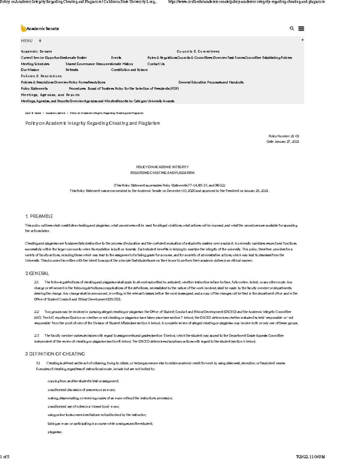 Policy on Academic Integrity Regarding Cheating and Plagiarism ...