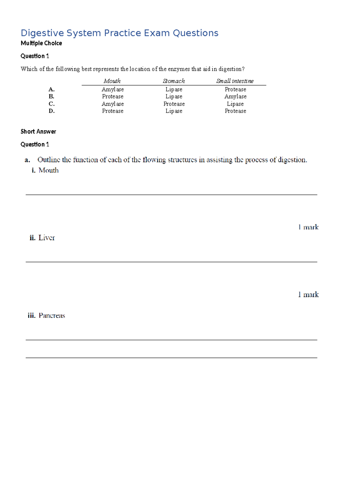 Digestive System Practice Exam Questions - Digestive System Practice ...