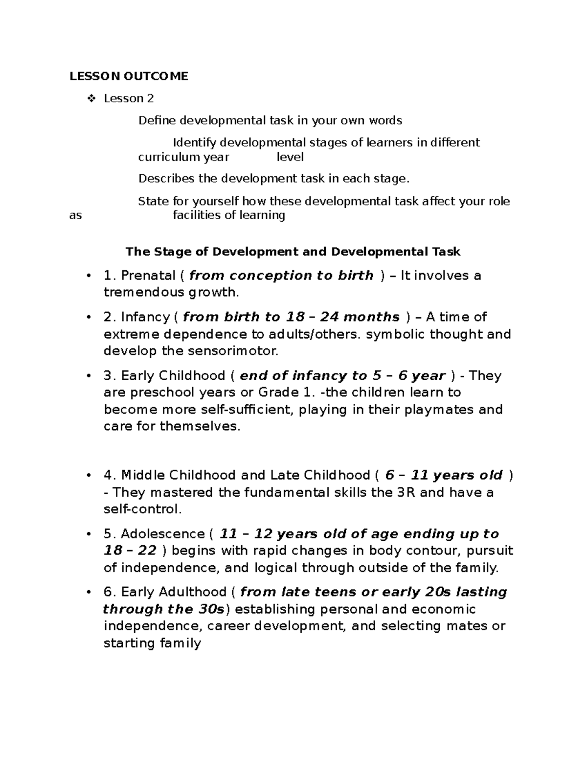 Stages AND Issues ON Human Development - LESSON OUTCOME Lesson 2 Define ...
