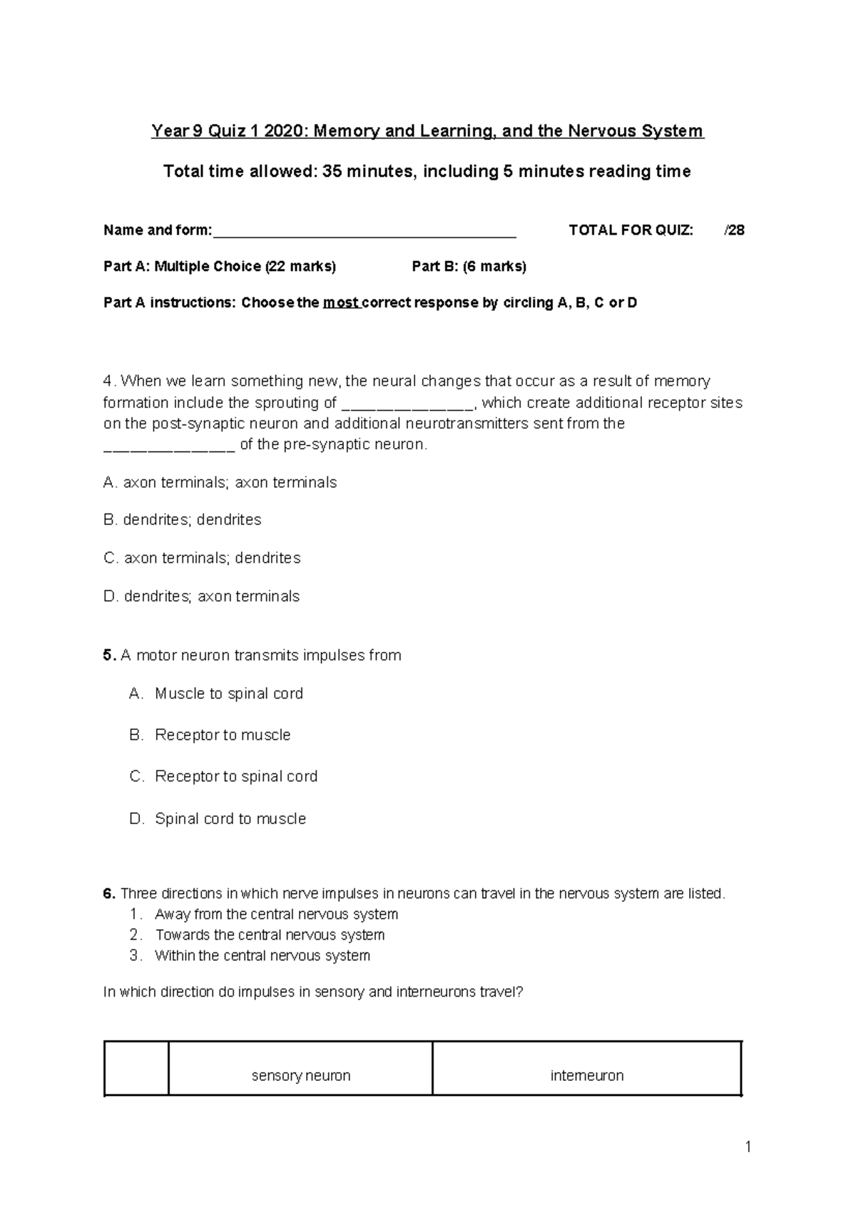 Practice Nervous System Quiz - Year 9 Quiz 1 2020: Memory and Learning ...