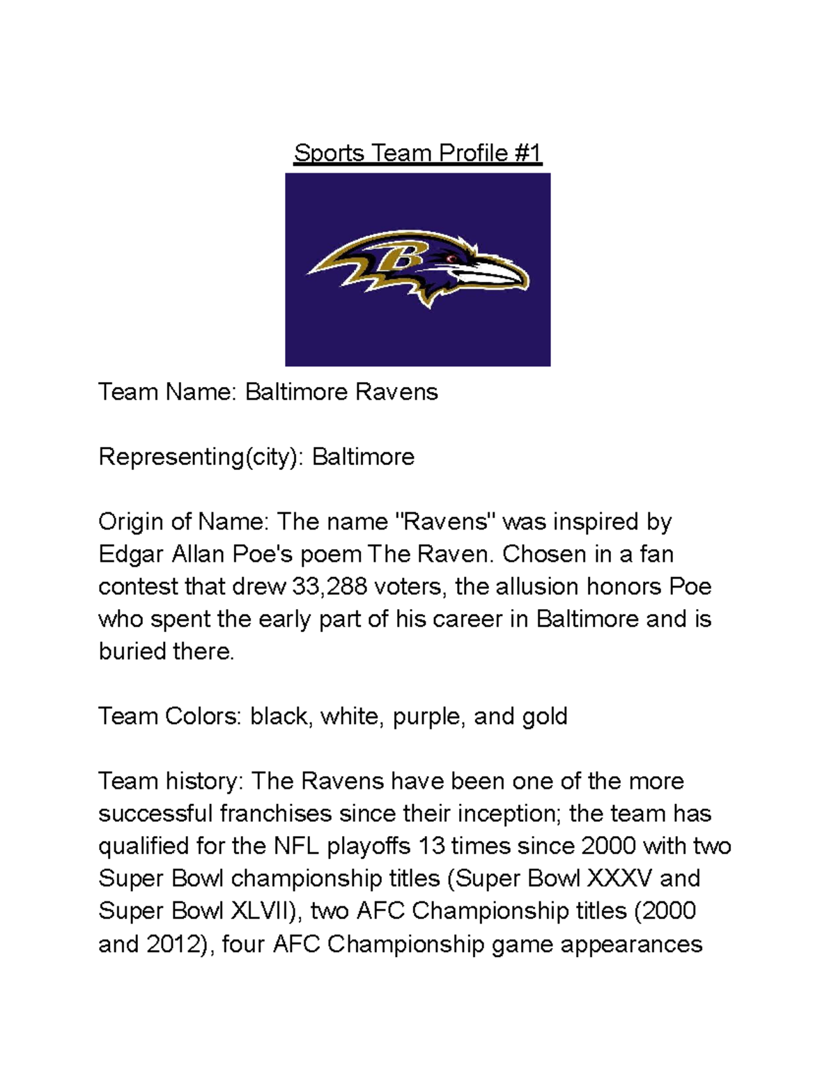 - Sports Team Profile #1 - Sports Team Profile # Team Name: Baltimore ...