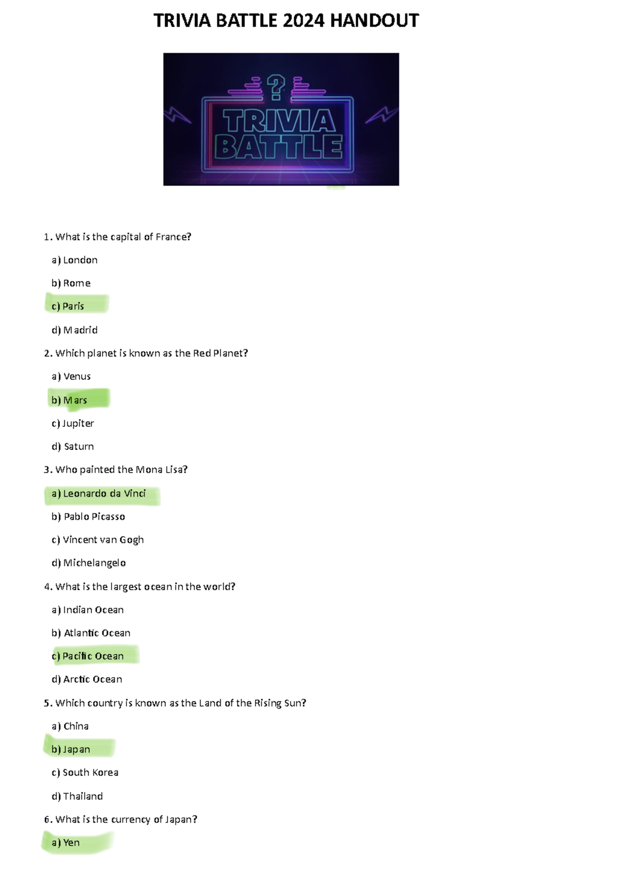 Trivia Battle 2024 Handout - TRIVIA BATTLE 2024 HANDOUT What is the ...