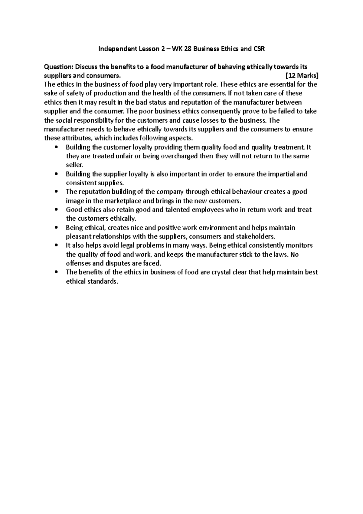 WK 28 - Business ethics and CSR - Independent Lesson 2 – WK 28 Business ...