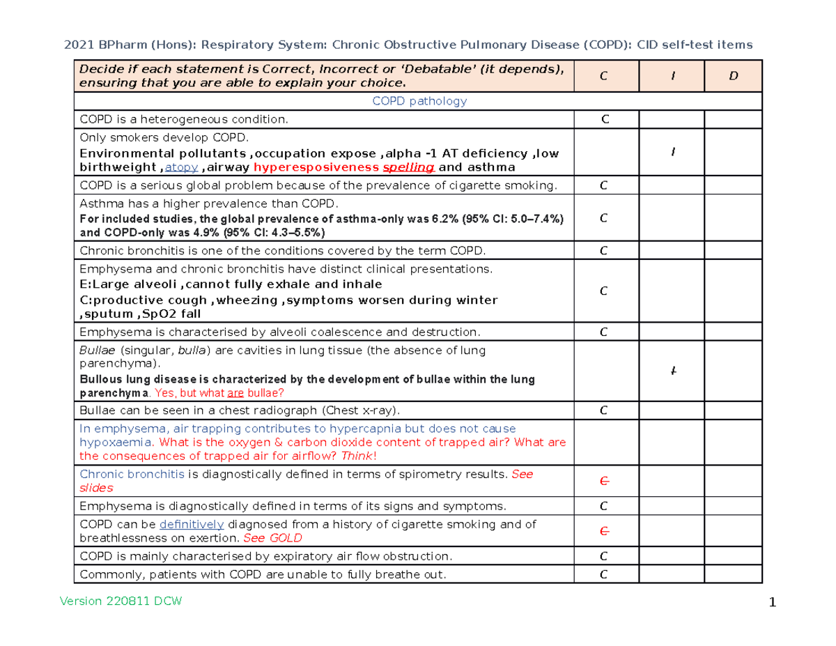 2022 CID COPD - dr david CID with ans - Decide if each statement is ...