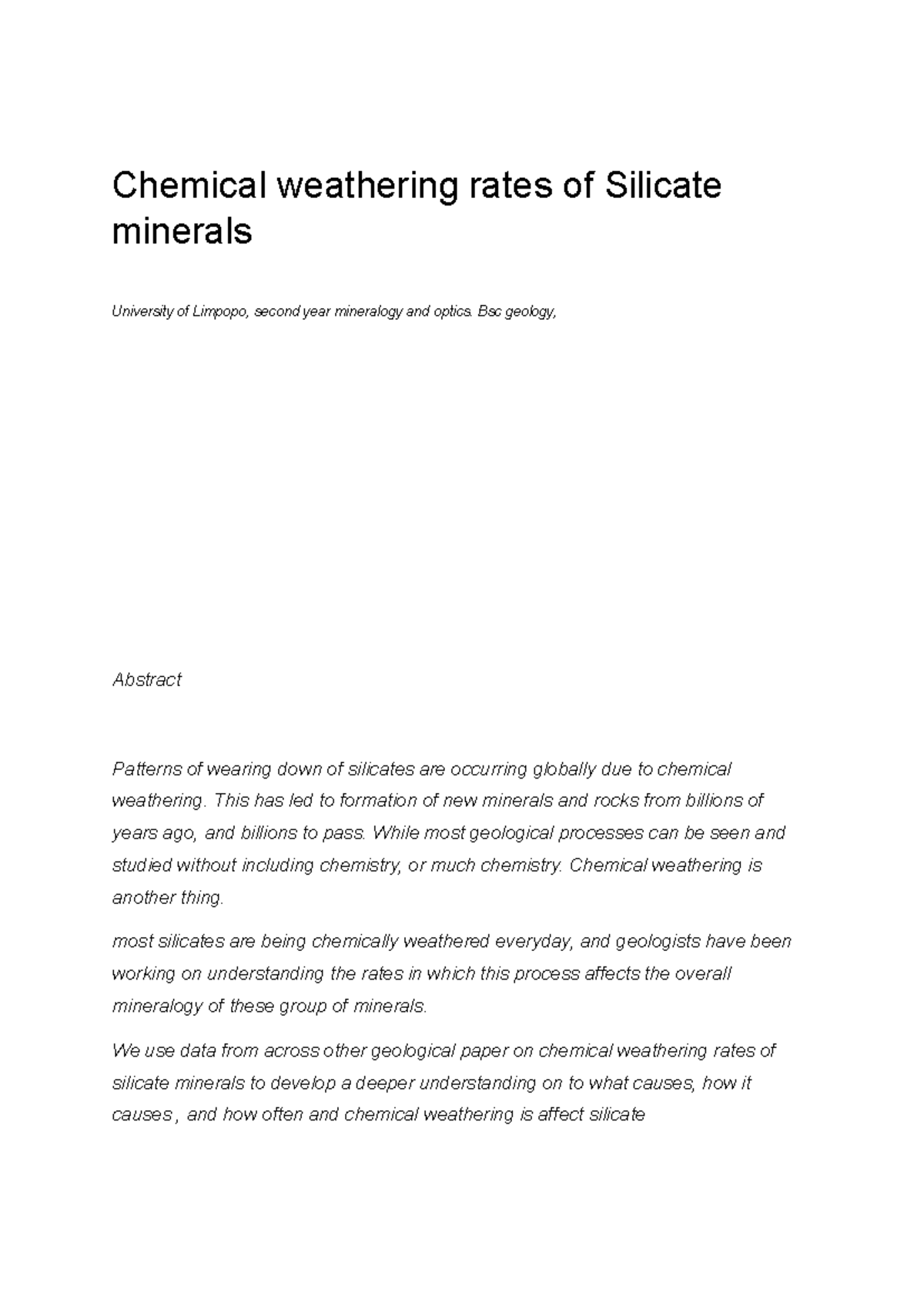 Chemical wethering rate of silicate minerals - Chemical weathering ...