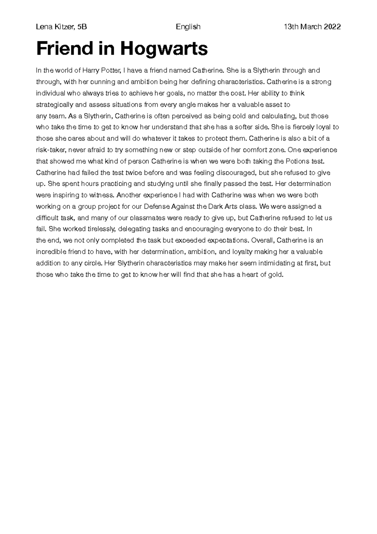 Friend in hogwarts - Lena Kitzer, 5B English 13th March 2022 Friend in ...