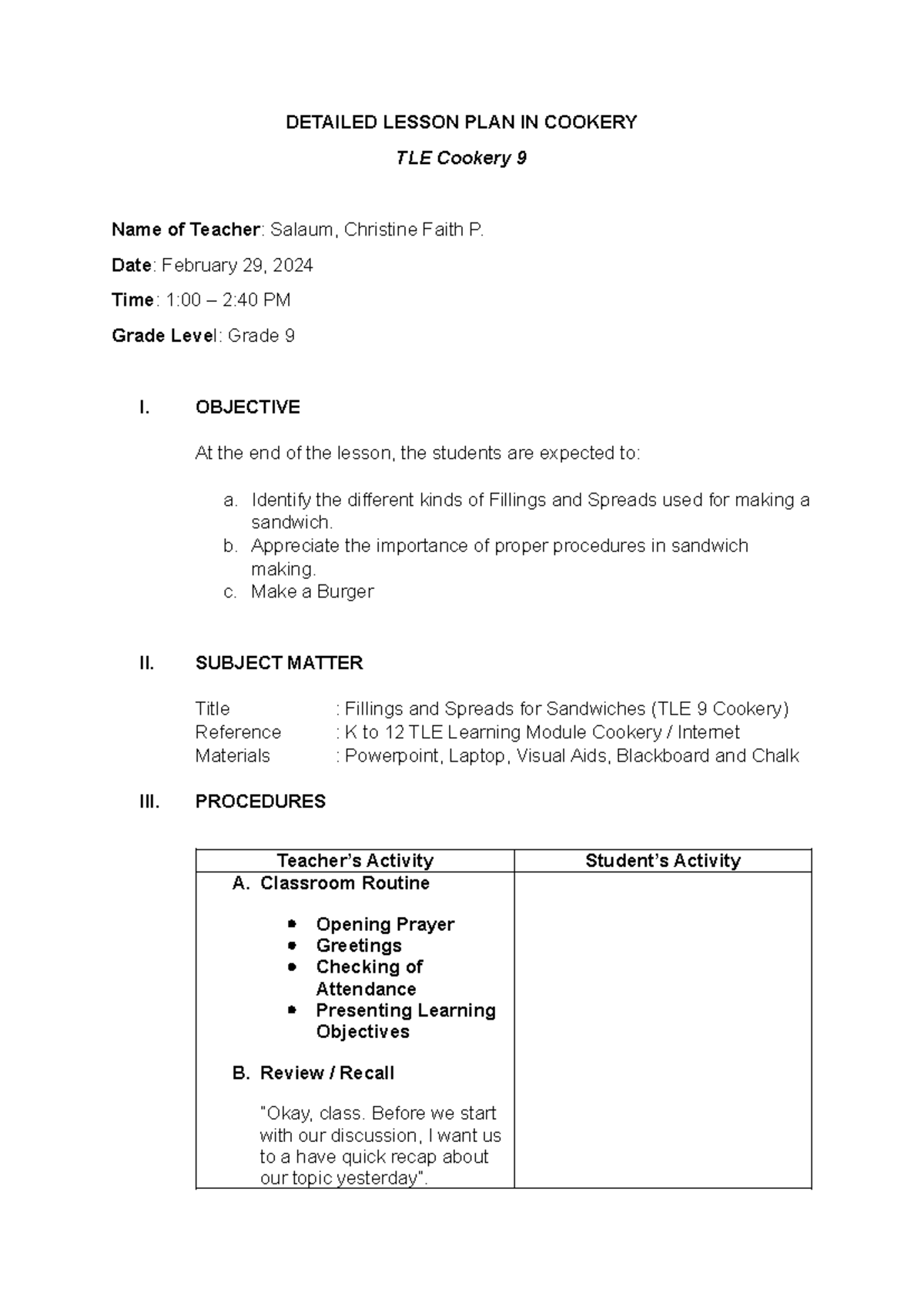 Detailed Lesson PLAN 3 - DETAILED LESSON PLAN IN COOKERY TLE Cookery 9 ...