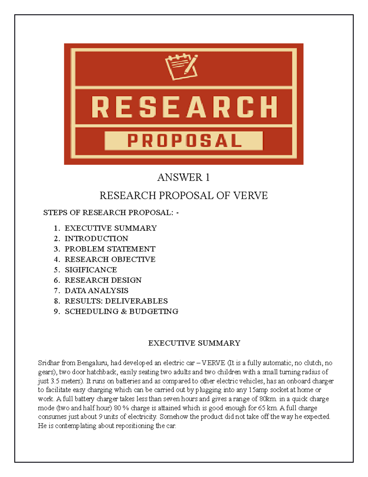 BRM DOC - BRM PROJECT REPORT - ANSWER 1 RESEARCH PROPOSAL OF VERVE ...
