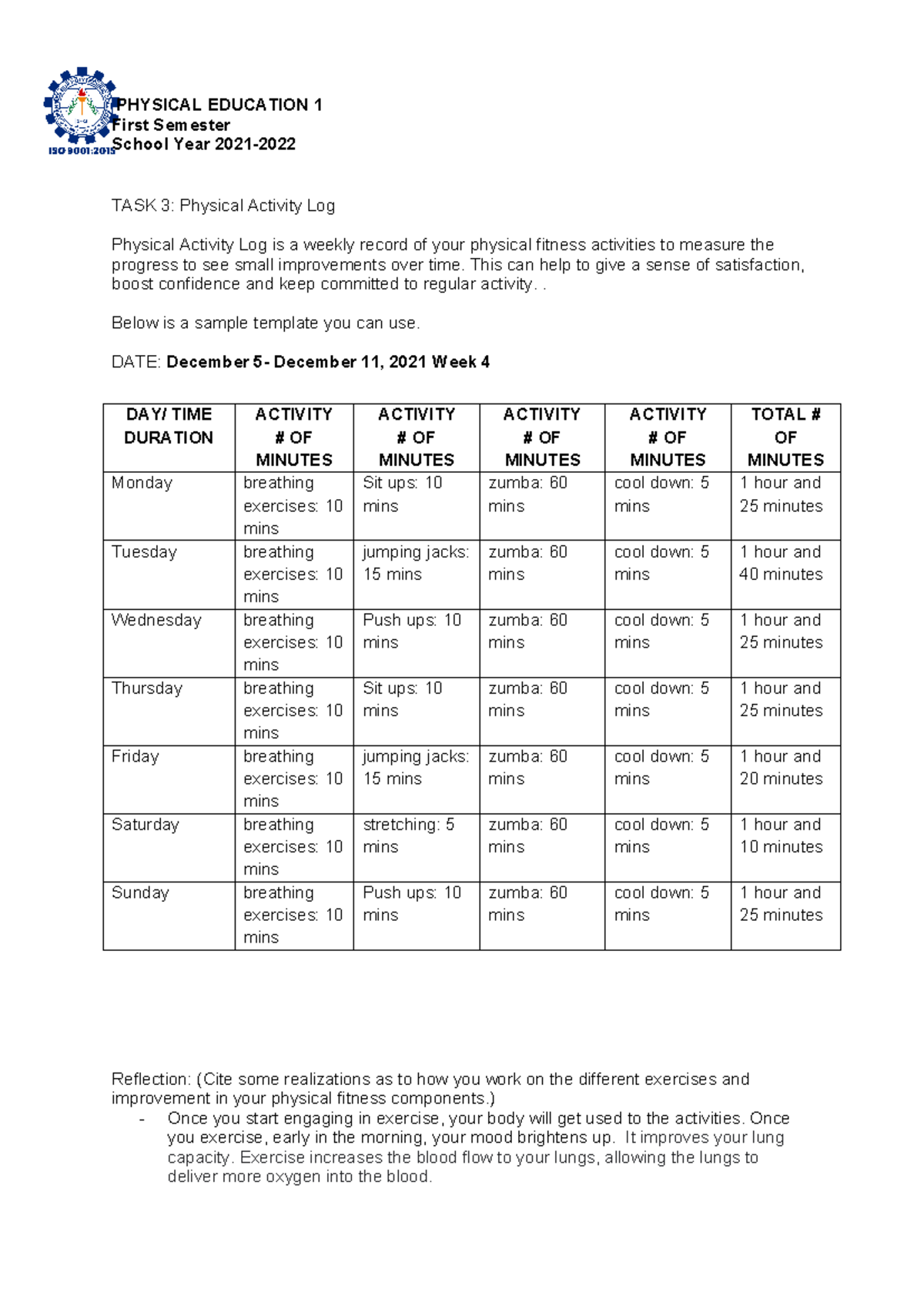 Copy of TASK 3 Physical Activity Log - PHYSICAL EDUCATION 1 First ...