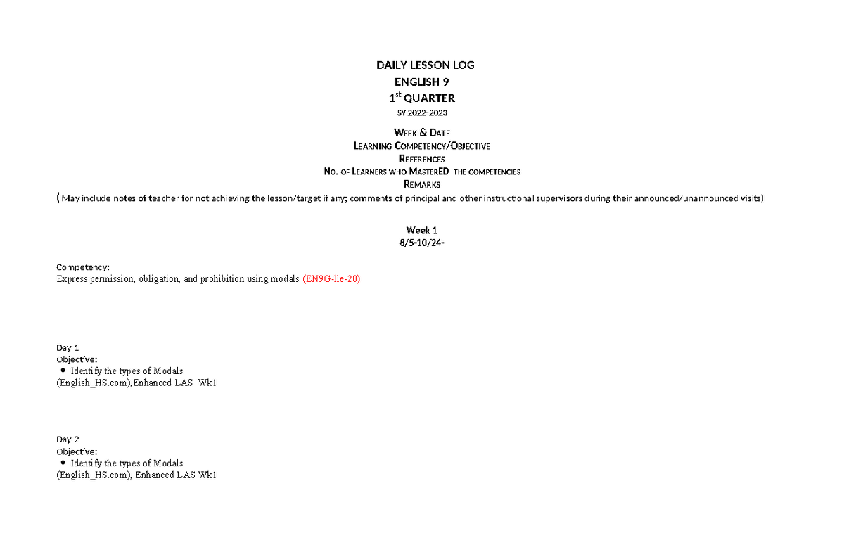 Q1 Daily Lesson LOG IN English 9 - DAILY LESSON LOG ENGLISH 9 1 st ...