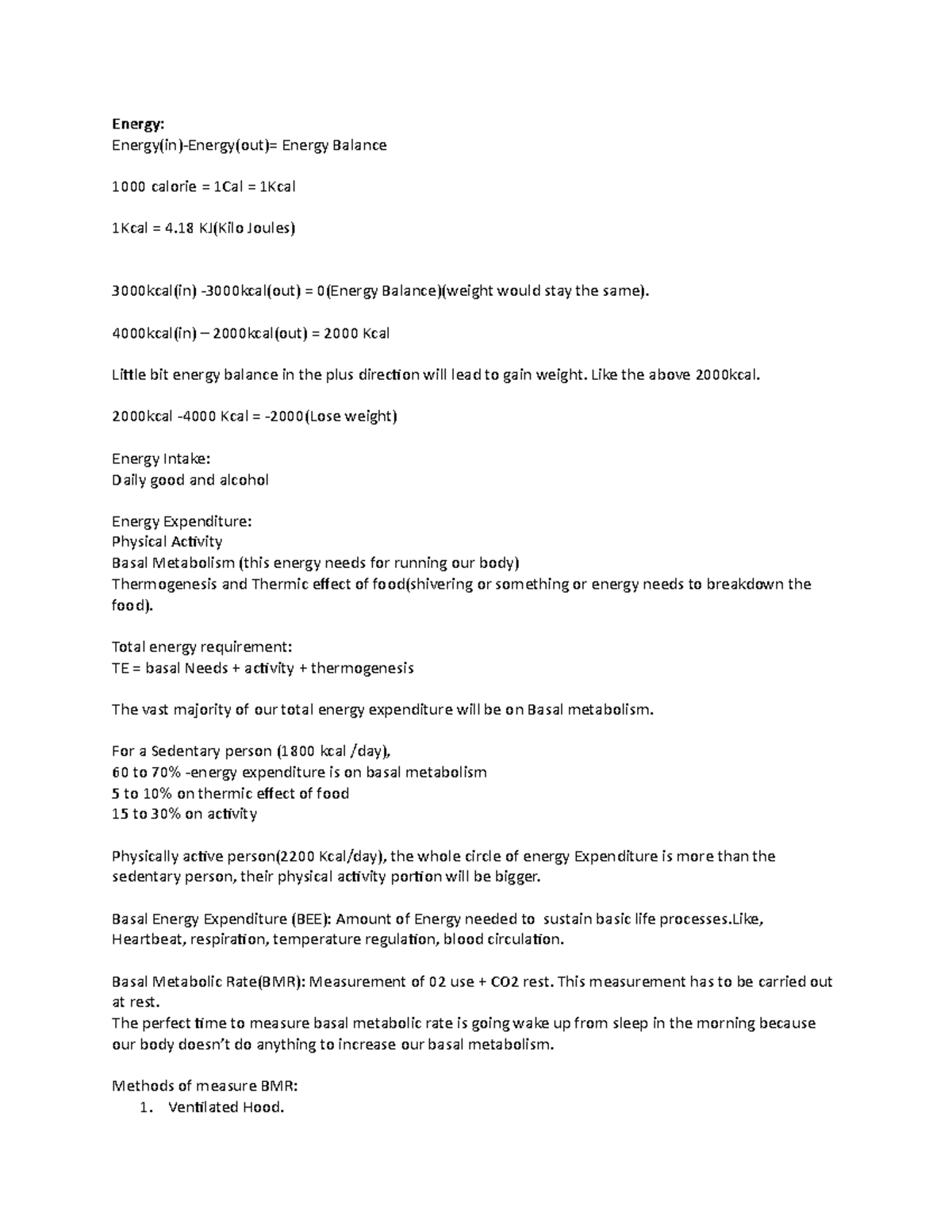 Calculation of BMR LBM PA - Energy: Energy(in)-Energy(out)= Energy ...