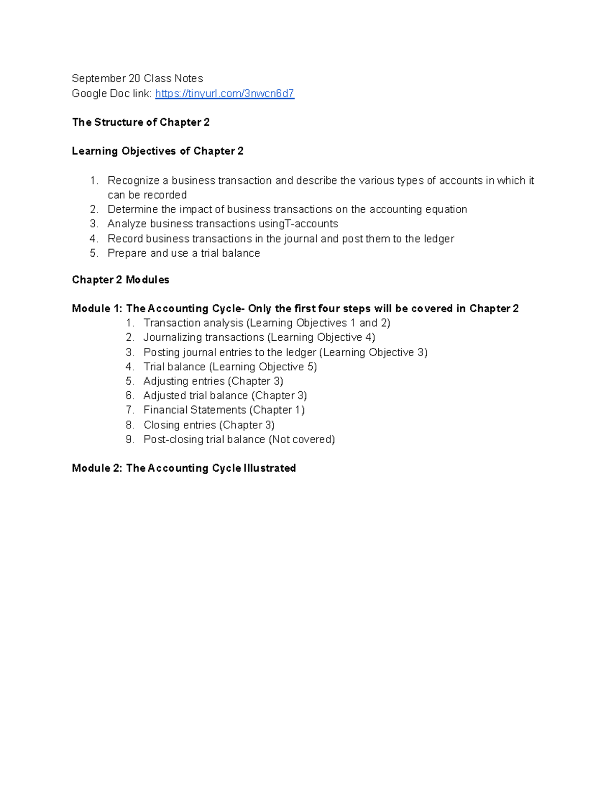 Financial Accounting Chapter 2 Class Notes - September 20 Class Notes ...