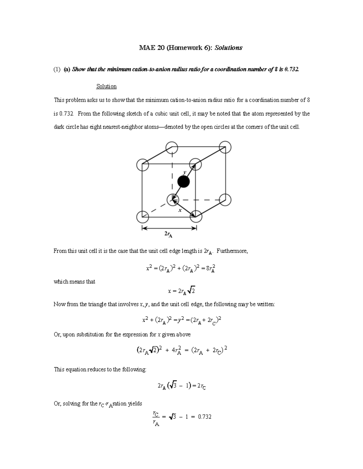 MAE 20 Homework 6 Solutions - MAE 20 (Homework 6): Solutions (1) (a) Show that the minimum - Studocu