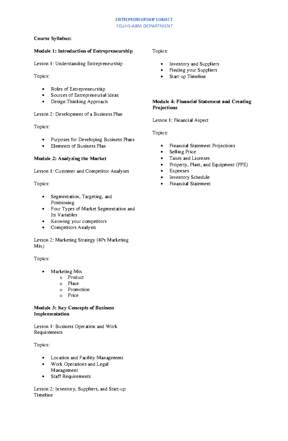Course Syllabus Entrepreneurship for Grade 12 - ENTREPRENEURSHIP ...