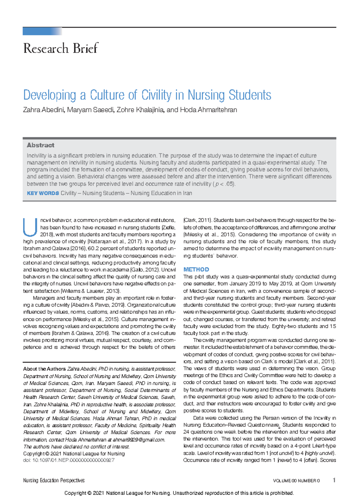 Developing a Culture of Civility in Nursing Students - Research Brief ...