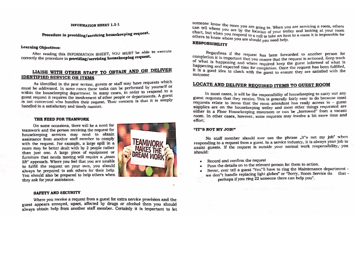 Providing AND Servicing Housekeeping Request - INFORMATION SHEET can ...