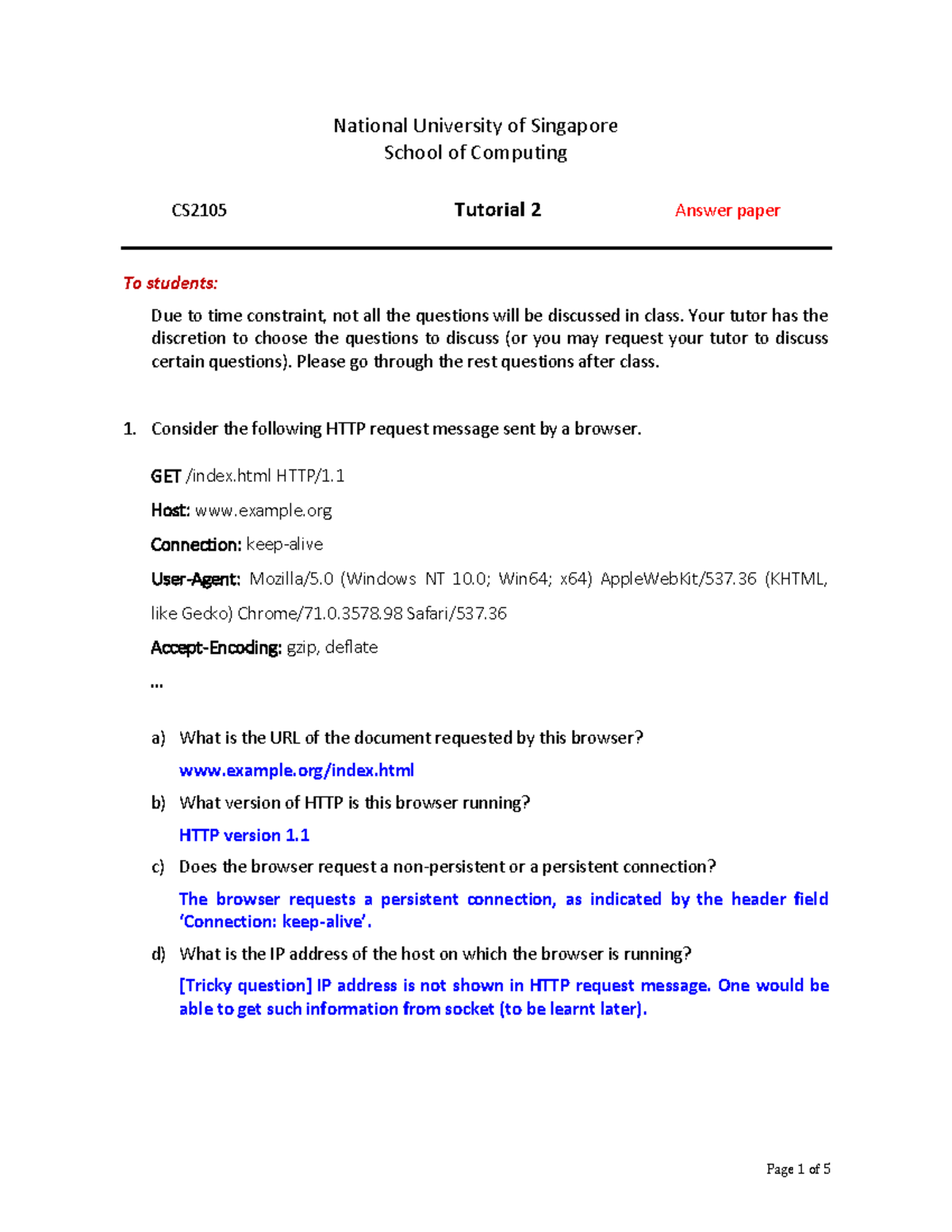 Tutorial 2 ans - National University of Singapore School of Computing CS2105 Tutorial 2 Answer ...