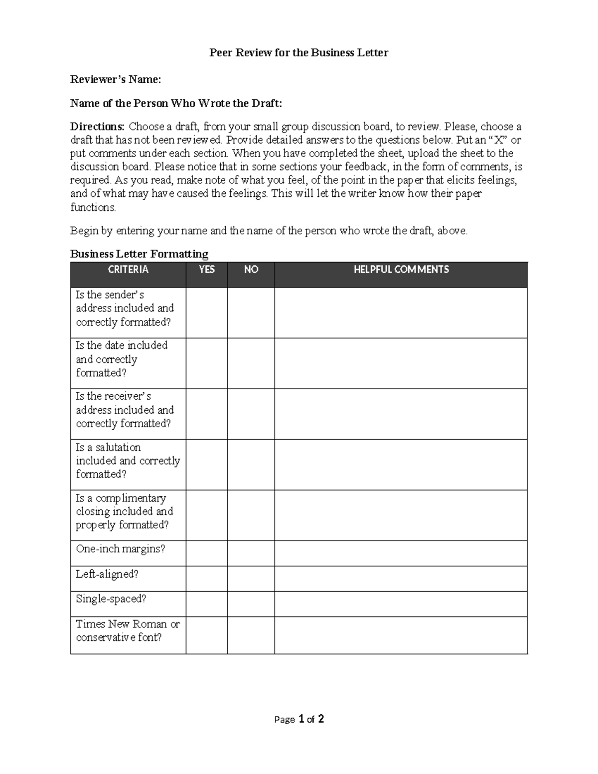 Business Letter Peer Review Worksheet - Peer Review for the Business ...