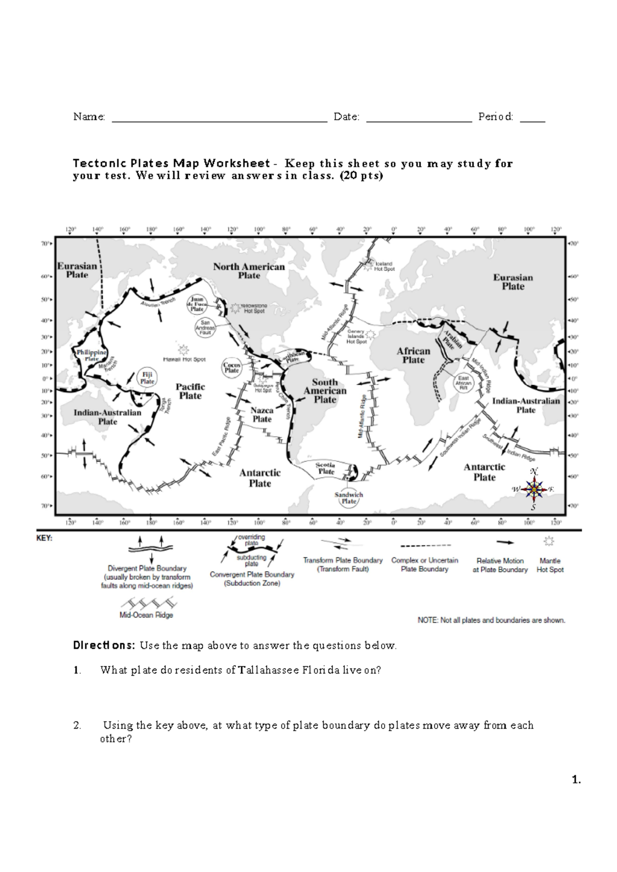 12 Plate Tectonics Worksheetwith Questions - Na m e : Dat e : P er i o ...
