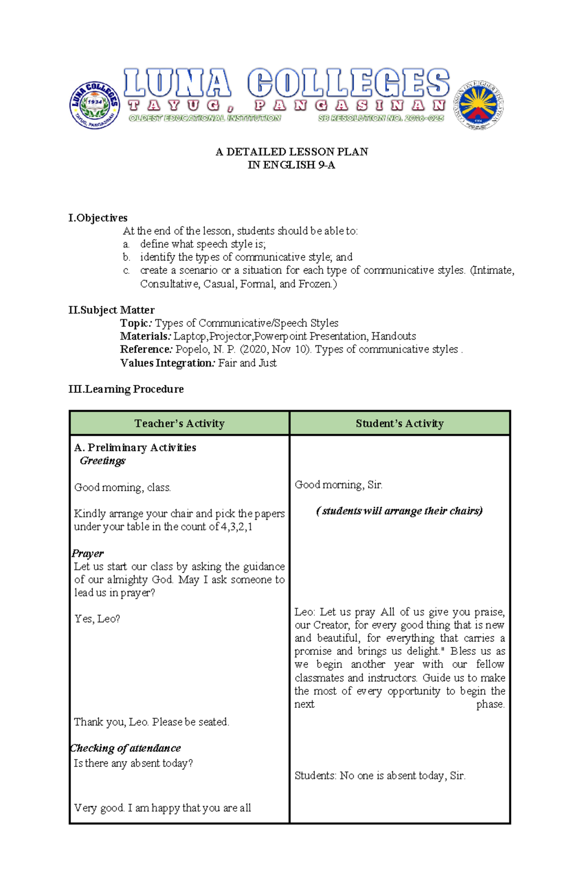 Speech-Styles-1 - Other - A DETAILED LESSON PLAN IN ENGLISH 9-A I At ...