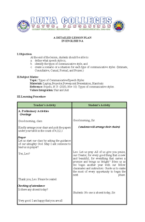 Speech-Styles-1 - A DETAILED LESSON PLAN IN ENGLISH 9-A I At the end of ...