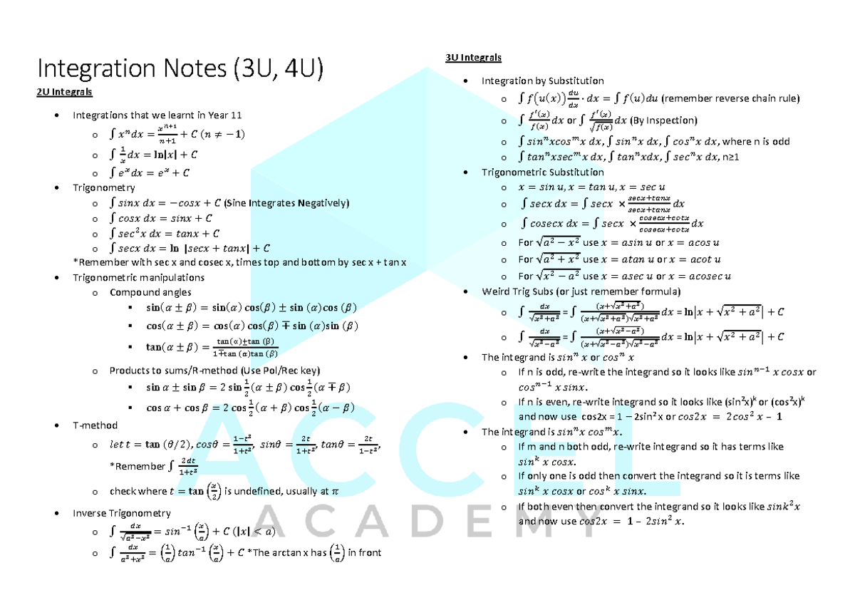 Integration Notes - o If n is even, re-write integrand so it looks like ...